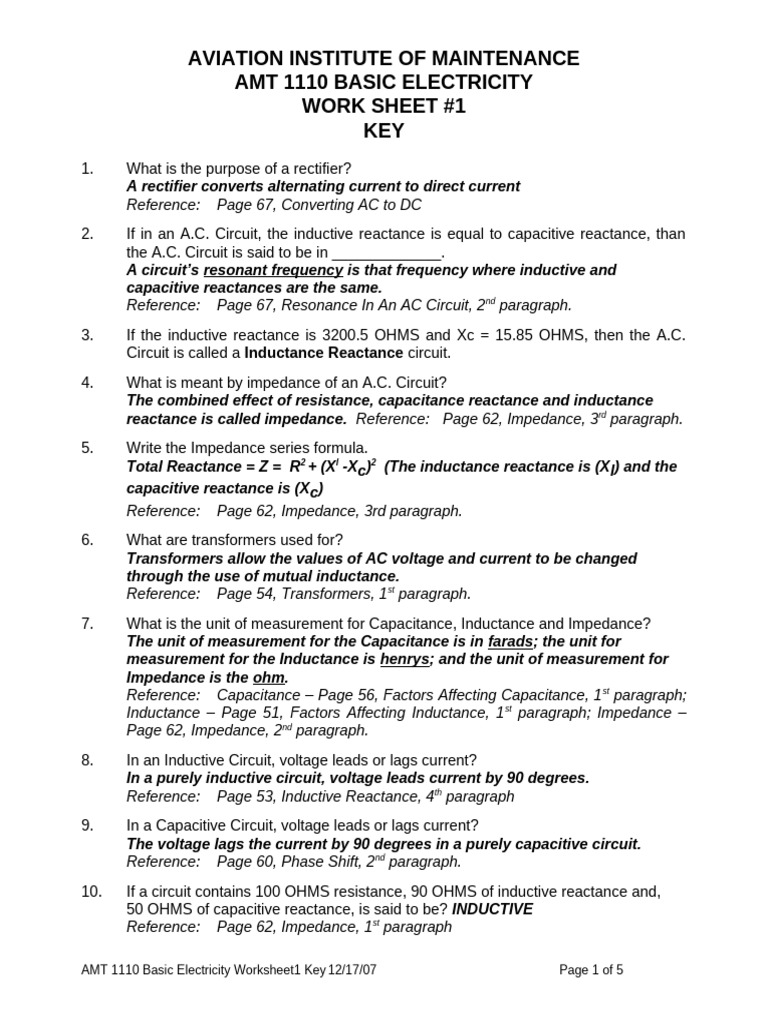 AMT 1110 Basic Electricity Worksheet 1 Key | PDF