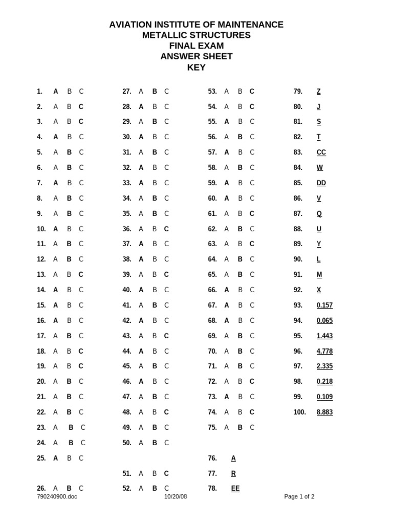 AMT 1201 Metallic Structures Final Exam Key | PDF