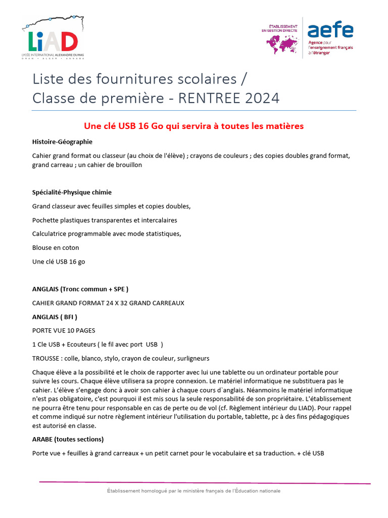 Fournitures 1ere | PDF