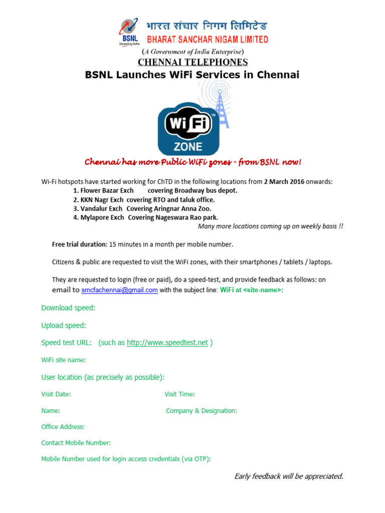BSNL Chennai-Telephones Launches WiFI | PDF