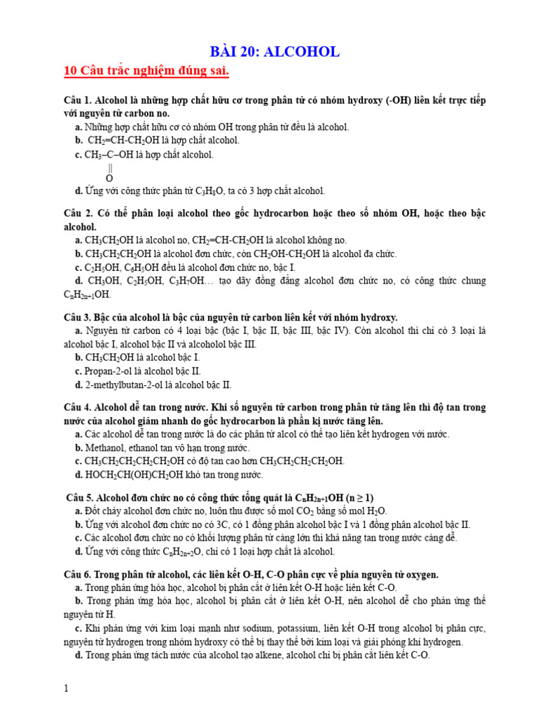 đúng sai phần alcohol | PDF