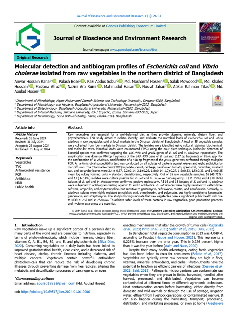 Escherichia Coli Vibrio Cholerae: Journal of Bioscience and Environment ...