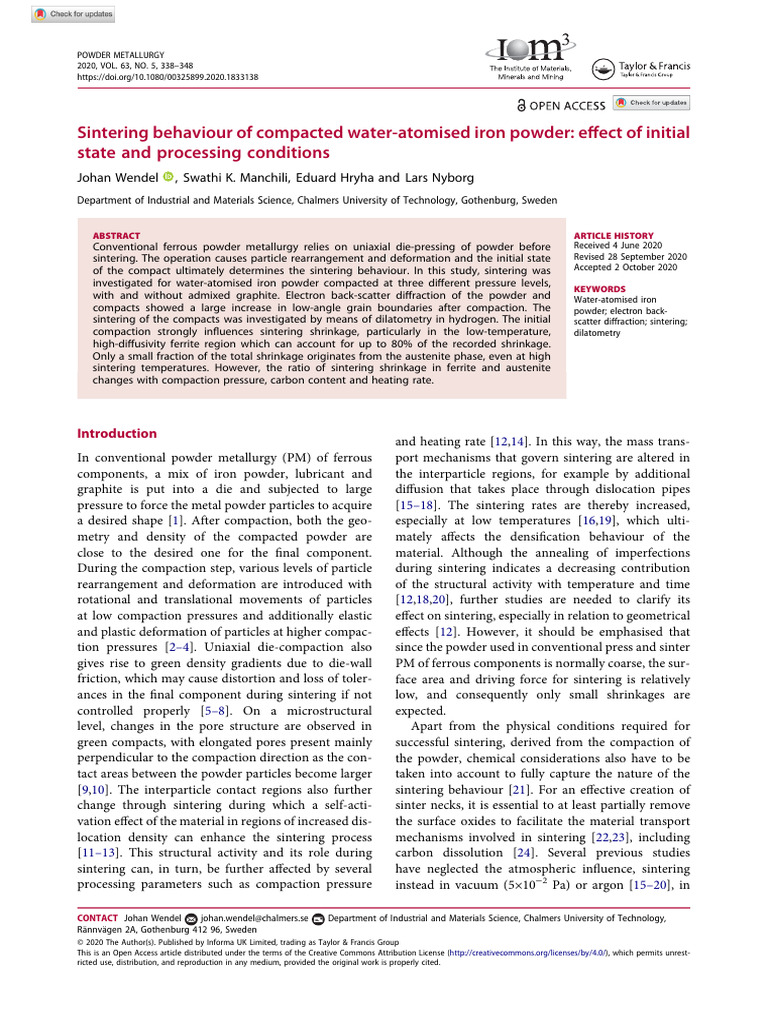 Sintering Behaviour of Compacted Water-Atomised Iron Powder - Effect of ...