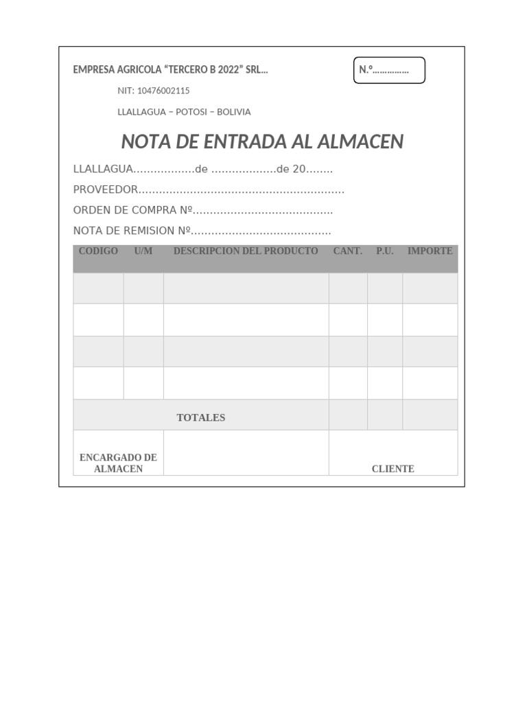 Nota de Entrada de Almacen - 082036 | PDF
