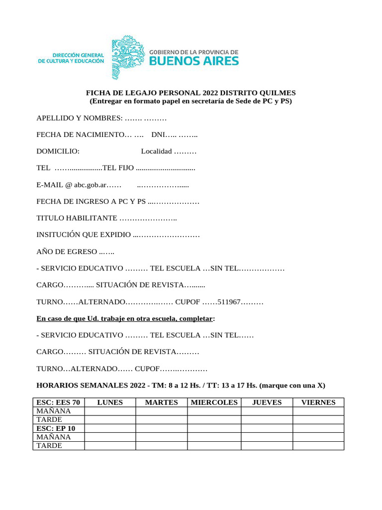 Ficha de Legajo Personal 2024 Distrito Quilmes | PDF