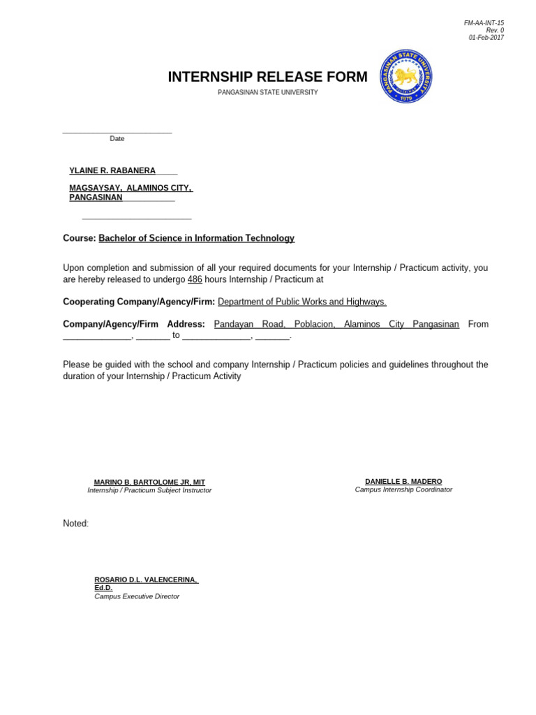 15 Internship Release Form | PDF