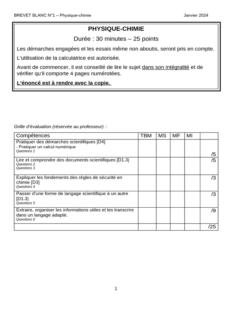 Brevet Blanc 1 Phys-Chim 2024 | PDF
