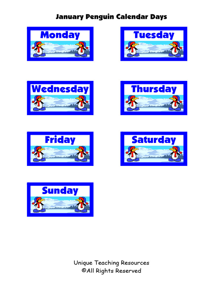 January Penguin Calendar Daysof Week | PDF
