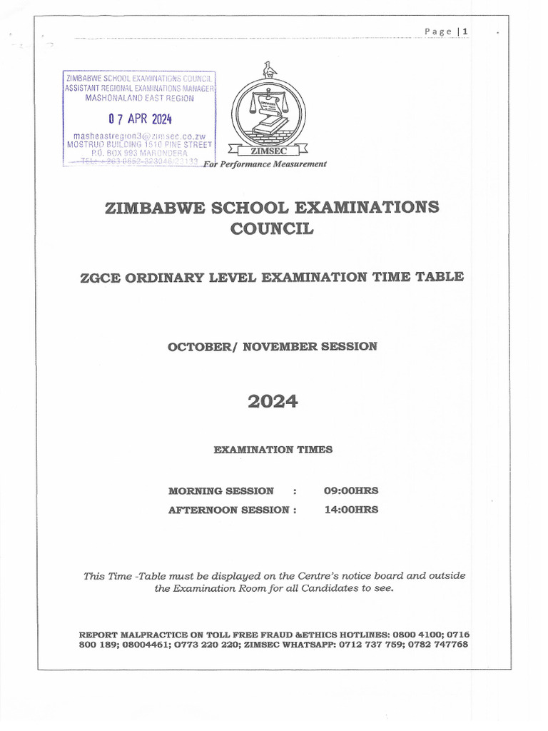 ZGCE Ordinary Level Examination Time Table OctoberNovember 2024 | PDF