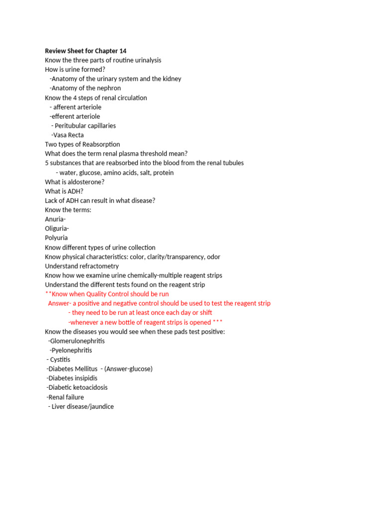 Urinalysis Review Sheet | PDF