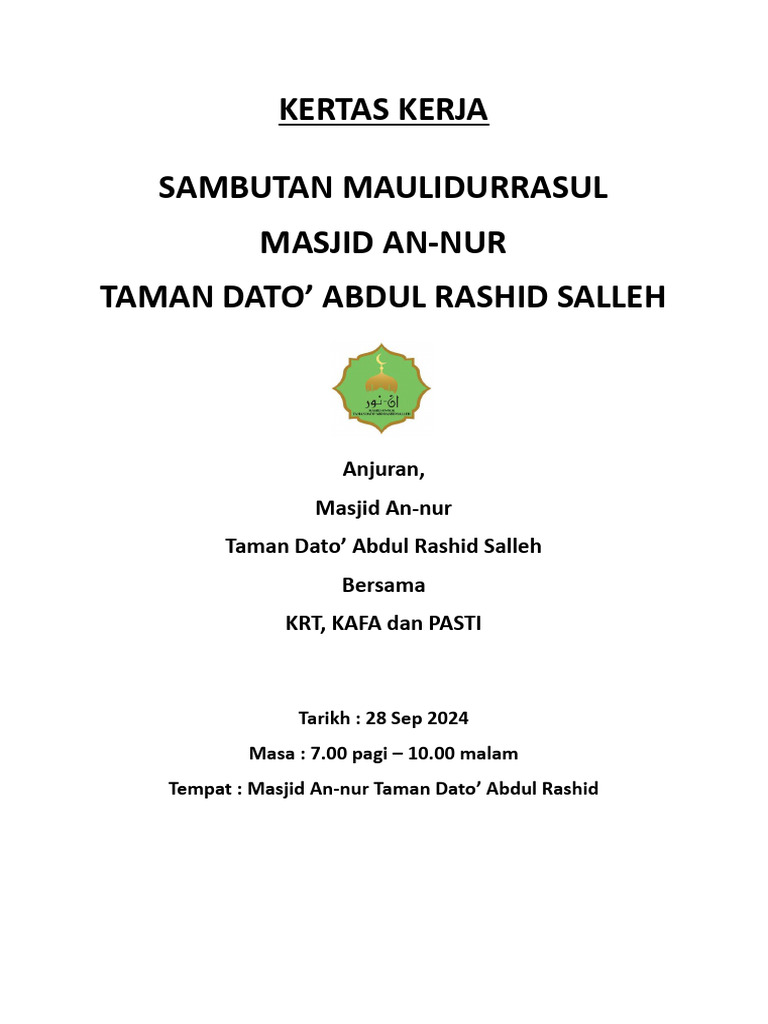 Kertas Kerja Sambutan Maulidurrasul Masjid An-Nur TDR 2024 | PDF