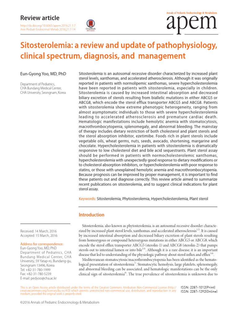 Sitosterolemia A Review and Update | PDF | Hypercholesterolemia | Wellness