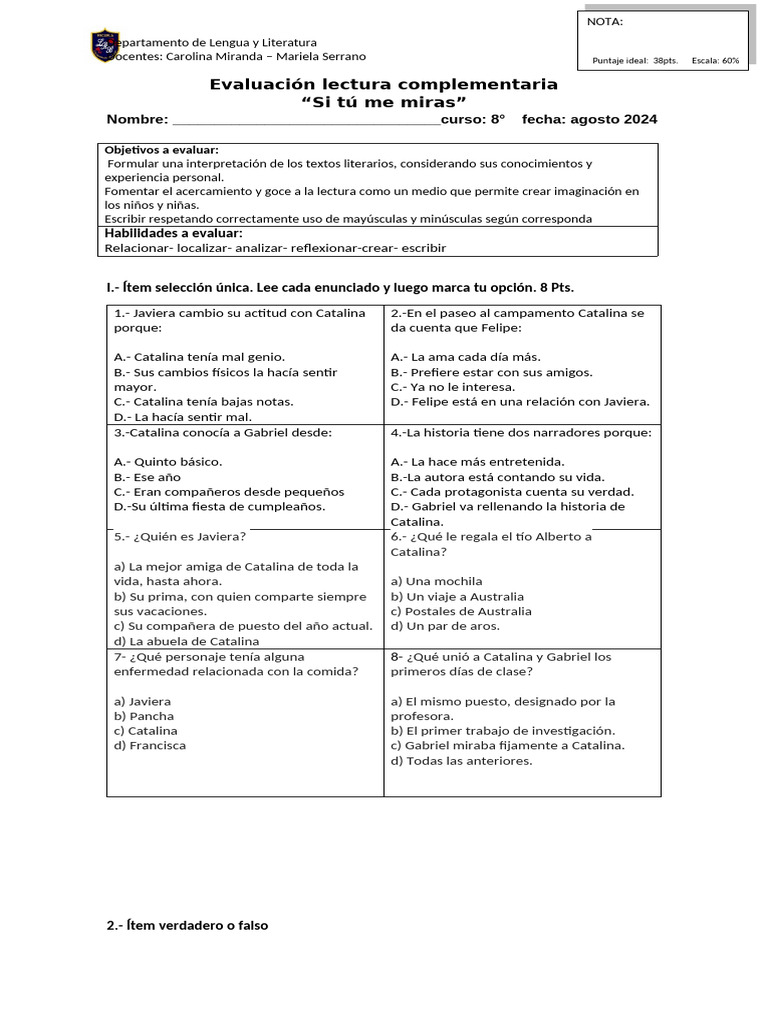 Evaluación Lectura Complementaria Estudiante | PDF