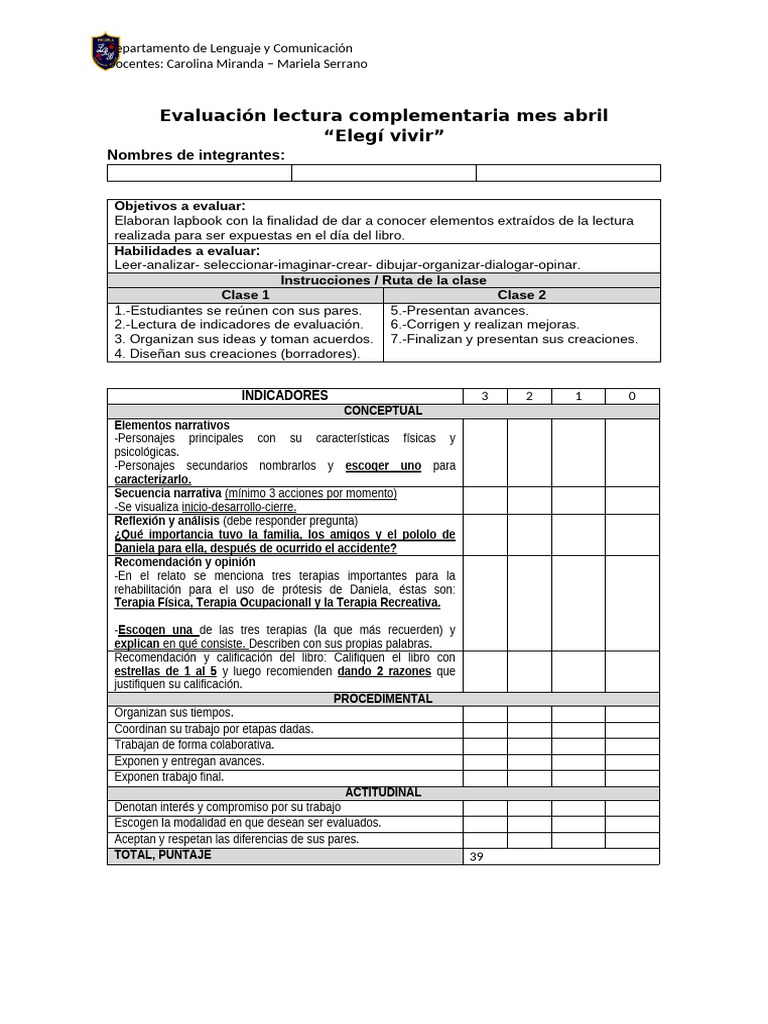 Evaluación Lectura Complementaria Mes Abril | PDF