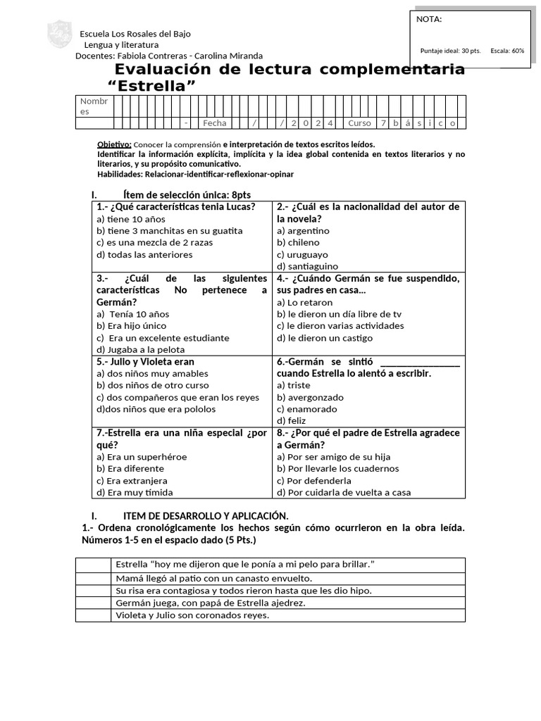 Evaluación de Lectura Complementaria Estrella (2) | PDF