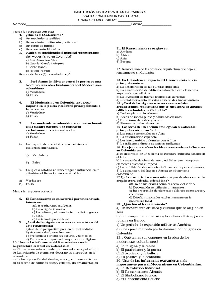 Evaluacion Octavo 21 de Agosto | PDF | Renacimiento | Colombia