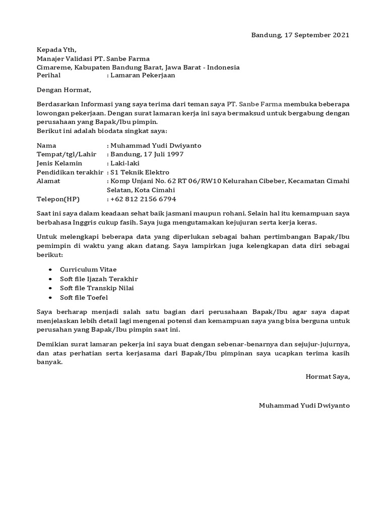 Surat Lamaran PT. Sanbe Farma | PDF