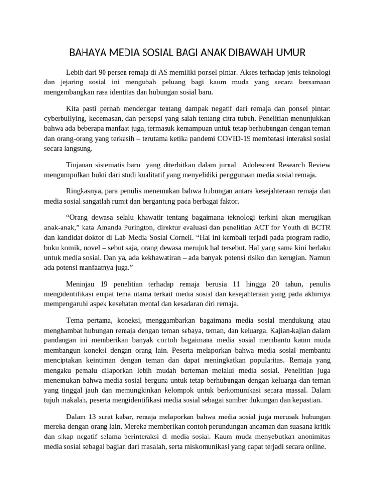 Bahaya Media Sosial Bagi Anak Dibawah Umur | PDF