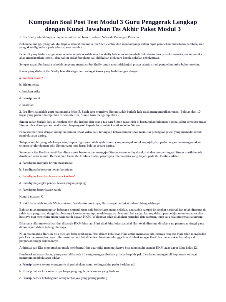 Kumpulan Soal Post Test Modul 3 Guru Penggerak Lengkap Dengan Kunci ...