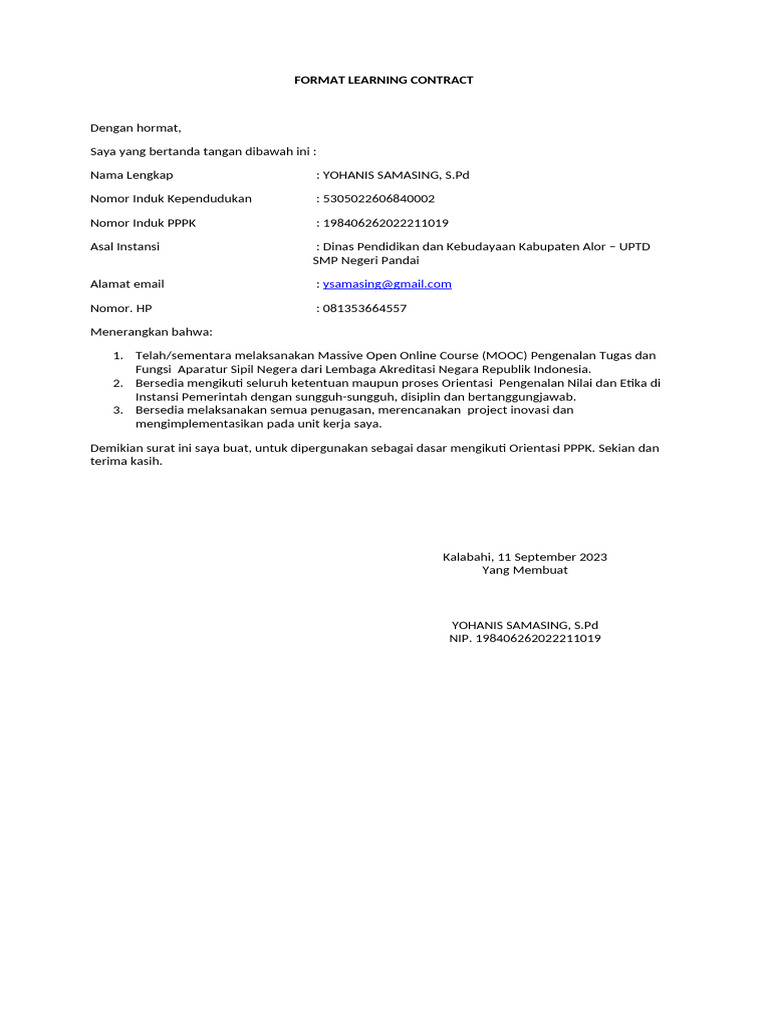 Format Learning Contract Yohanis Samasing | PDF