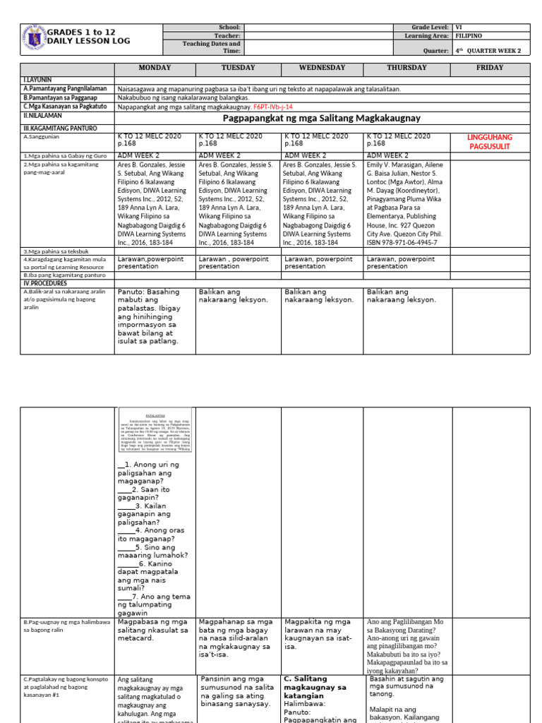 DLL - Filipino 6 - Q4 - W2 | PDF