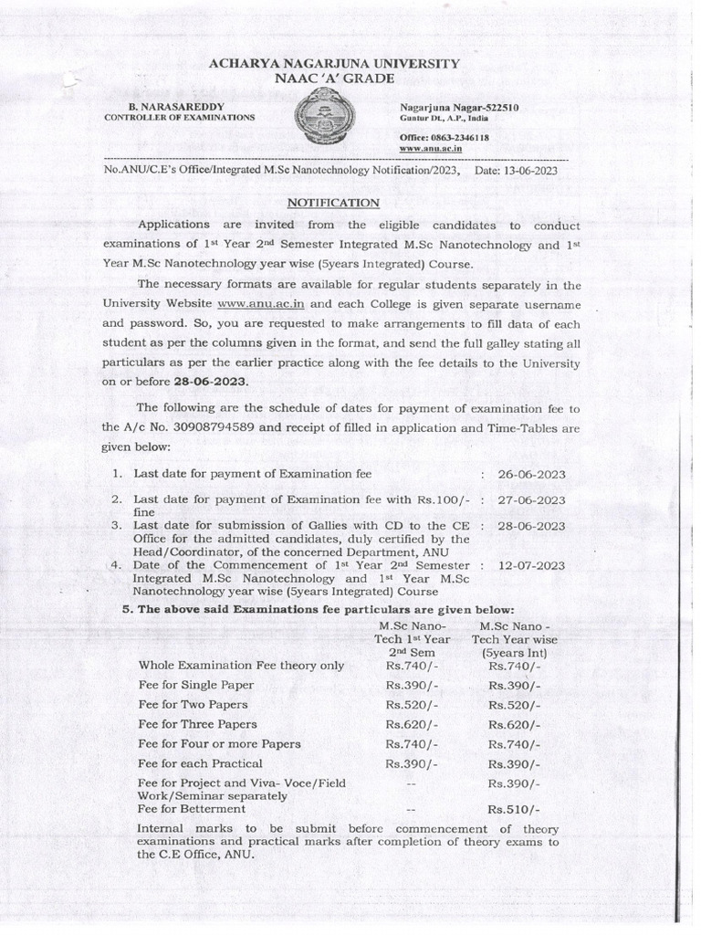 1st Year 2nd Semester Exam Fees Notification | PDF