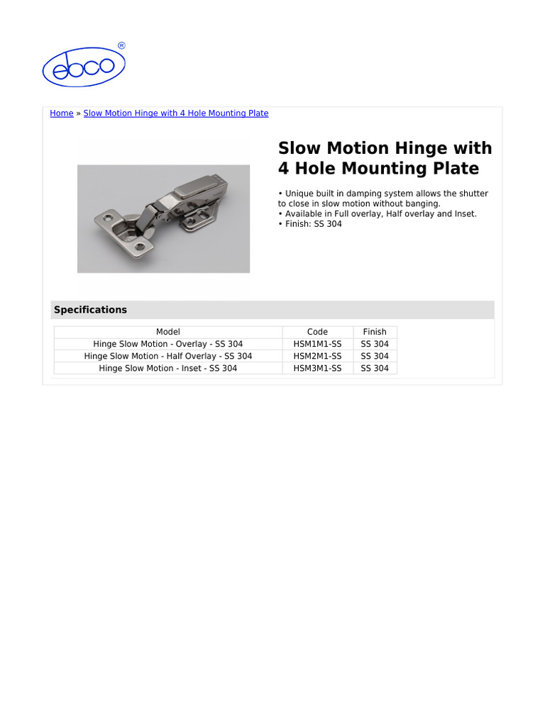 Hinge Slow Motion 4 Hole Mounting Plate | PDF