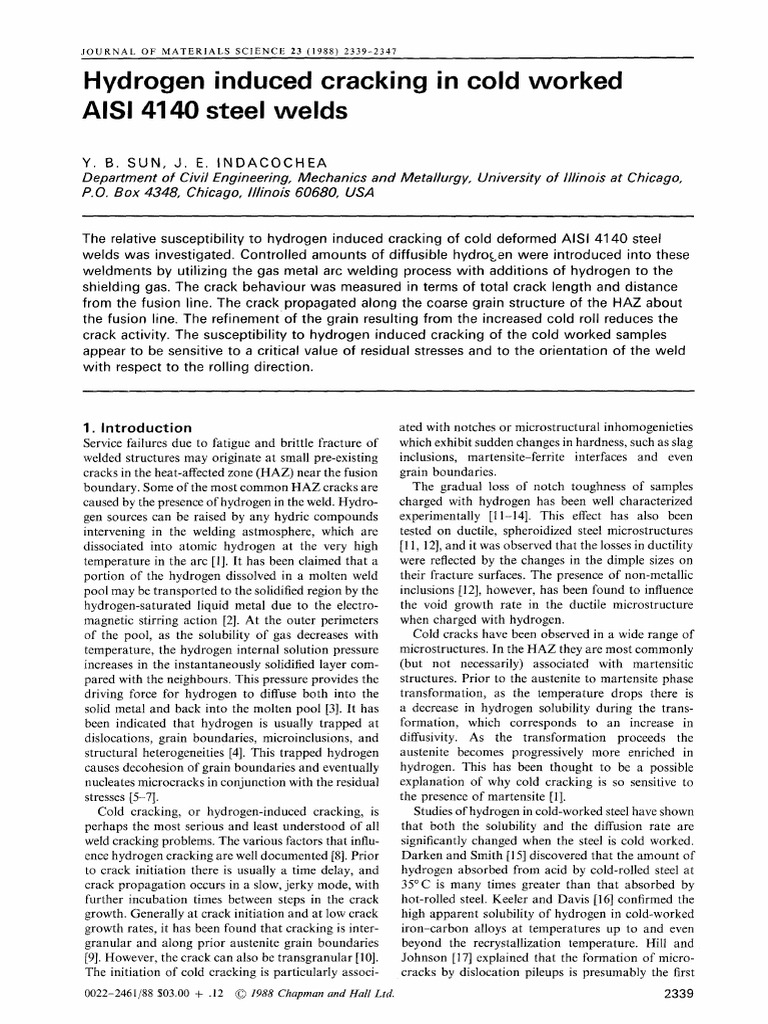 Hydrogen Induced Cracking in Cold Worked AISI 4140 Steel Welds | PDF