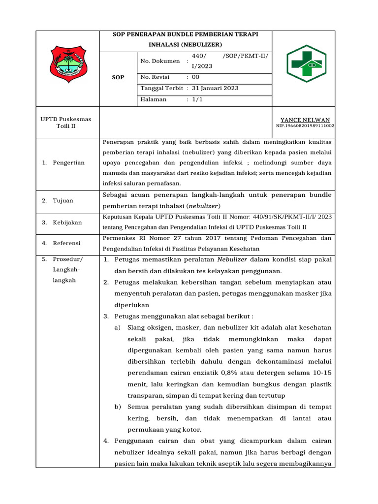 Sop Penerapan Bundle Pemberian Terapi Inhalasi (Nebulizer) | PDF