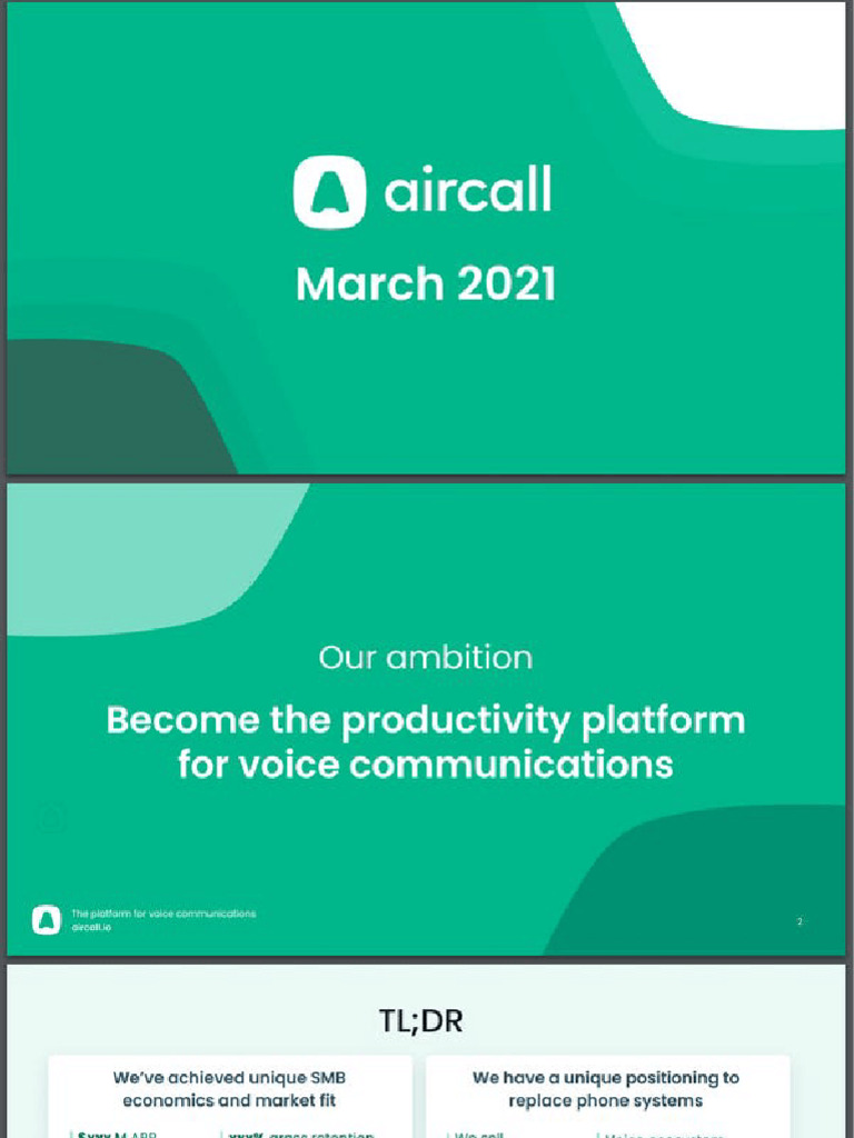 Le Pitch Deck Qui A Fait de Aircall Une Licorne 1725653323 | PDF