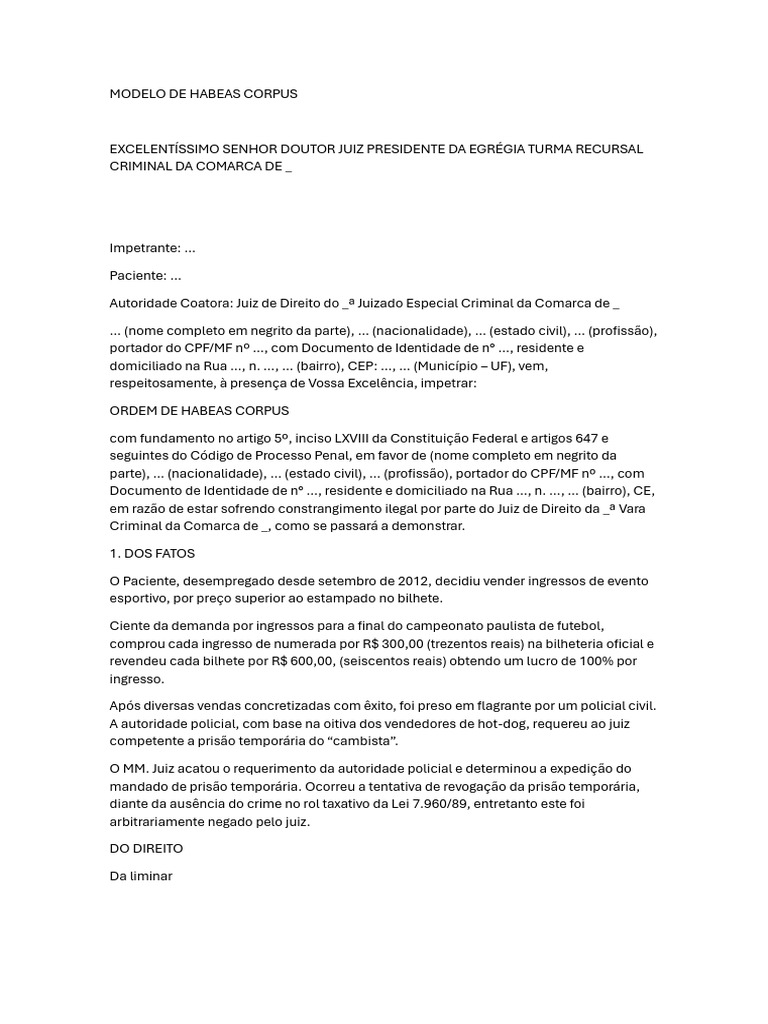 Modelo de Habeas Corpus | PDF | Habeas corpus | Direito