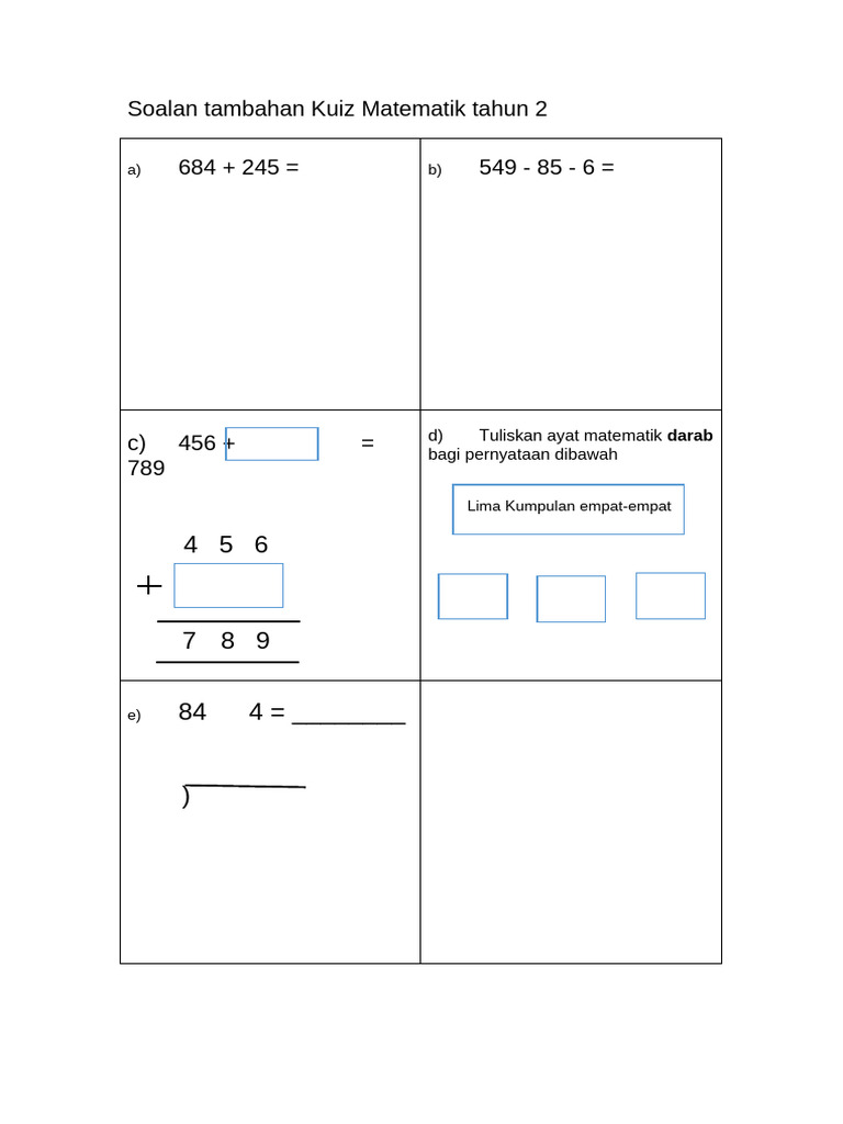Soalan Tambahan Kuiz Matematik Tahun 2 | PDF