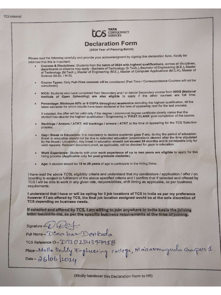 TCS Application Form | PDF