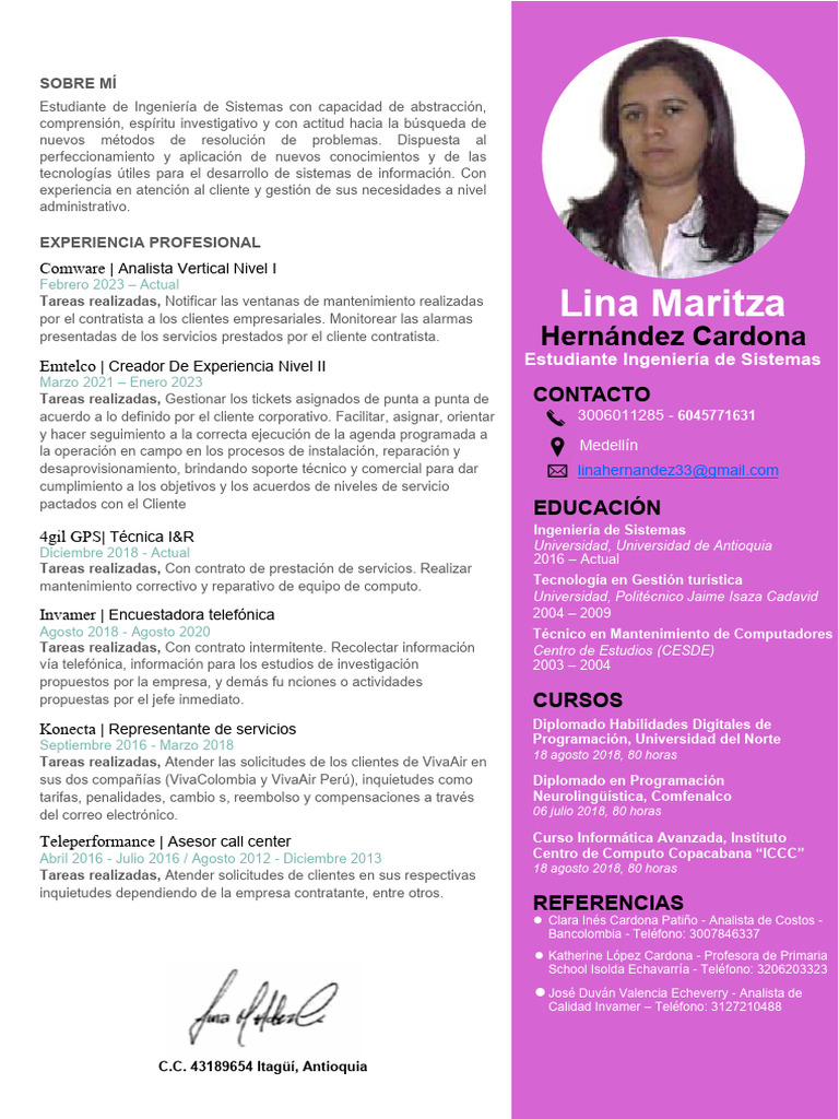 Hoja de Vida - Lina Maritza Hernandez Cardona | PDF