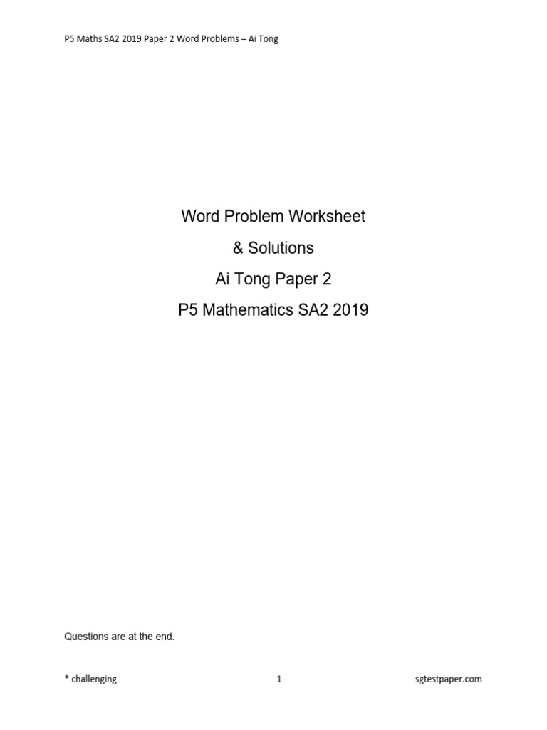 P5 Maths SA2 2019 Worked Solutions Ai Tong | PDF | Mathematics