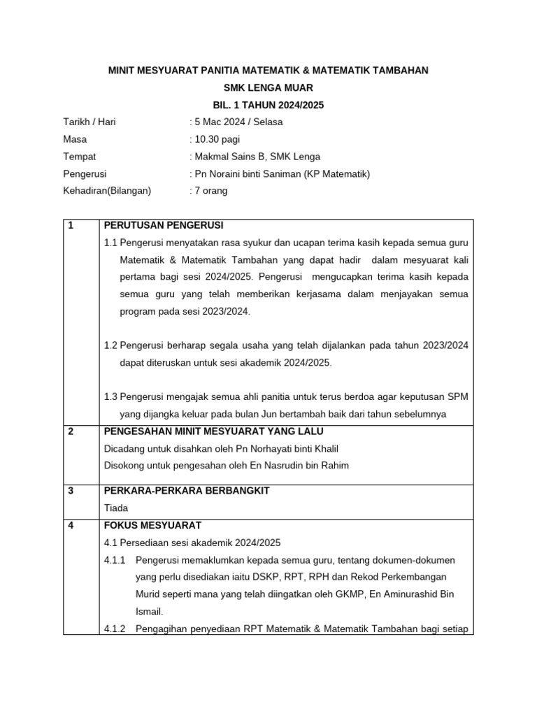Minit Mesyuarat Matematik Tambahan Bil 1 2024 | PDF