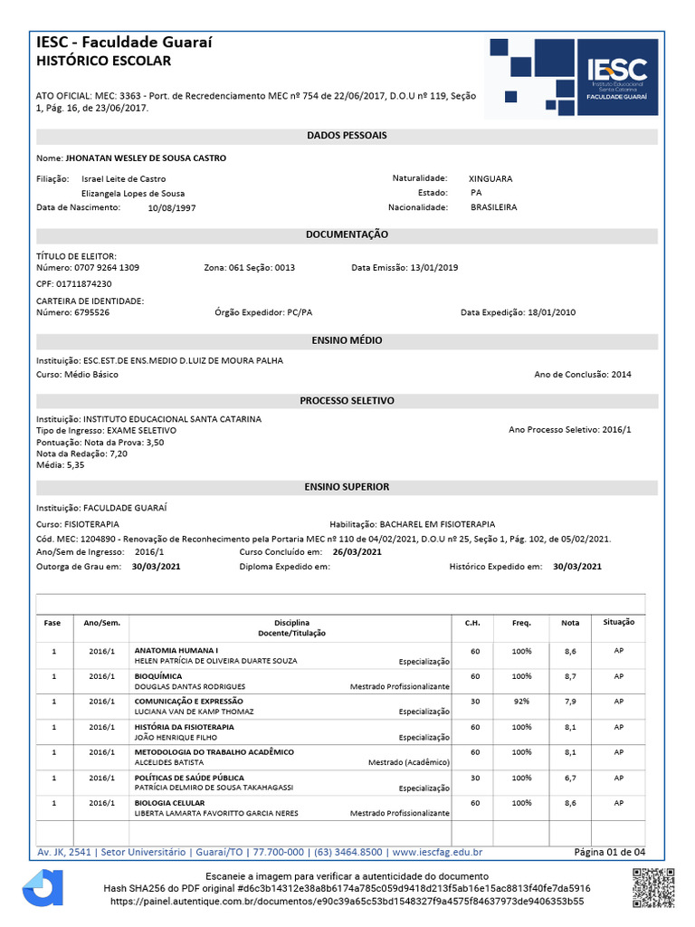Histórico - JHONATAN WESLEY DE SOUSA CASTRO (Assinado) | PDF