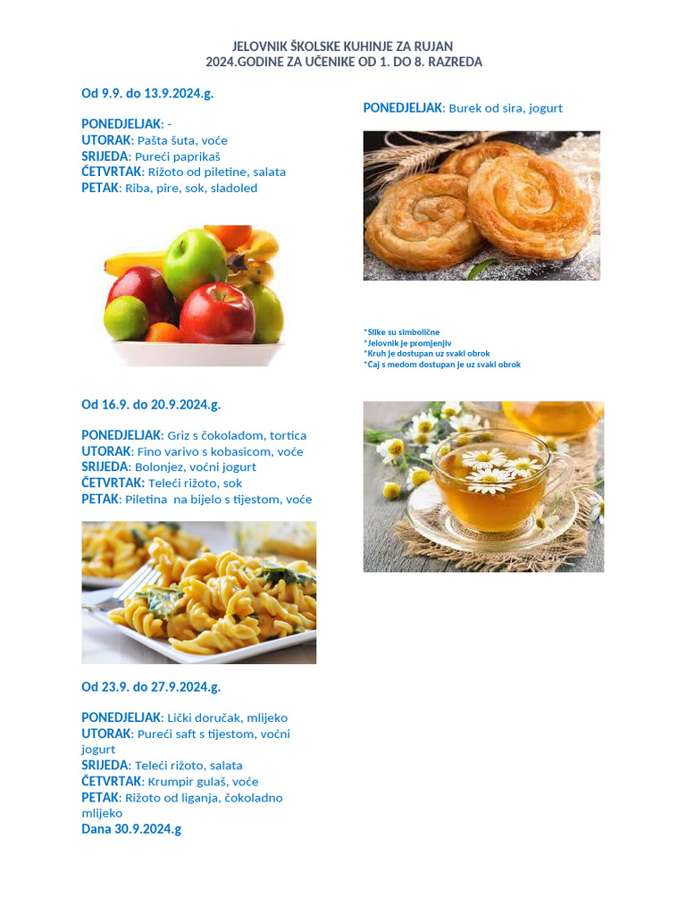 Jelovnik Od 1. Do 8. Razreda, Rujan | PDF