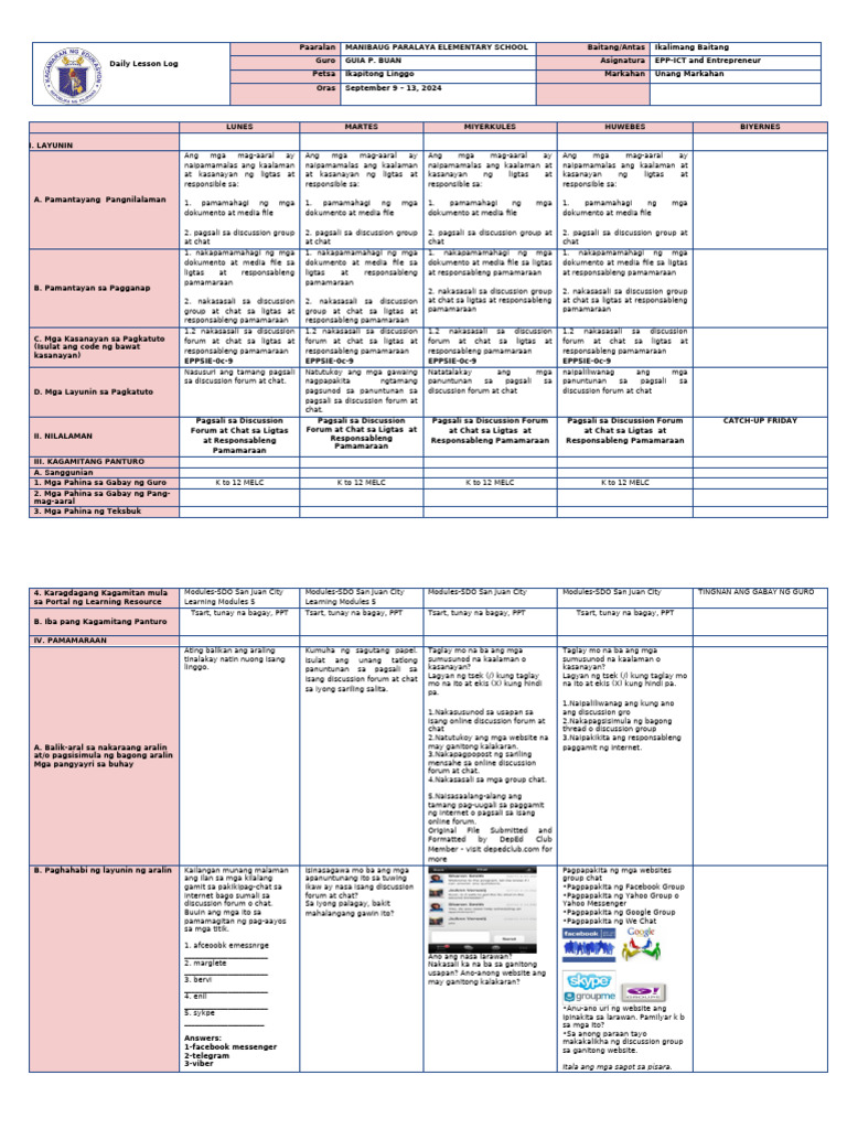 DLL Week 7-Q1 Epp-Ict 5 | PDF