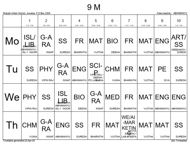 Timetable, Grade 9M | PDF