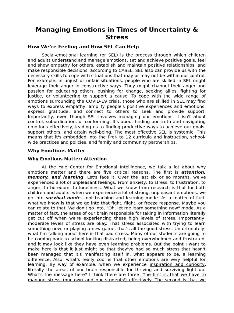 Managing Emotions in Times of Uncertainty & Stress | PDF