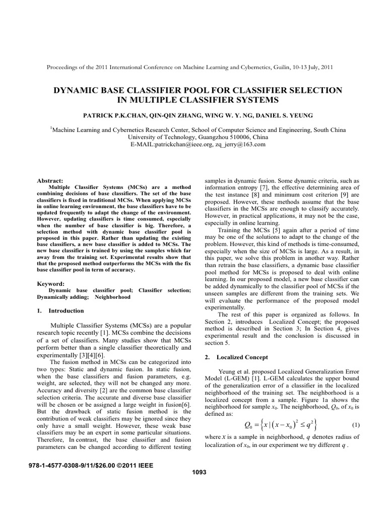 Dynamic Base Classifier Pool For Classifier Selection | PDF