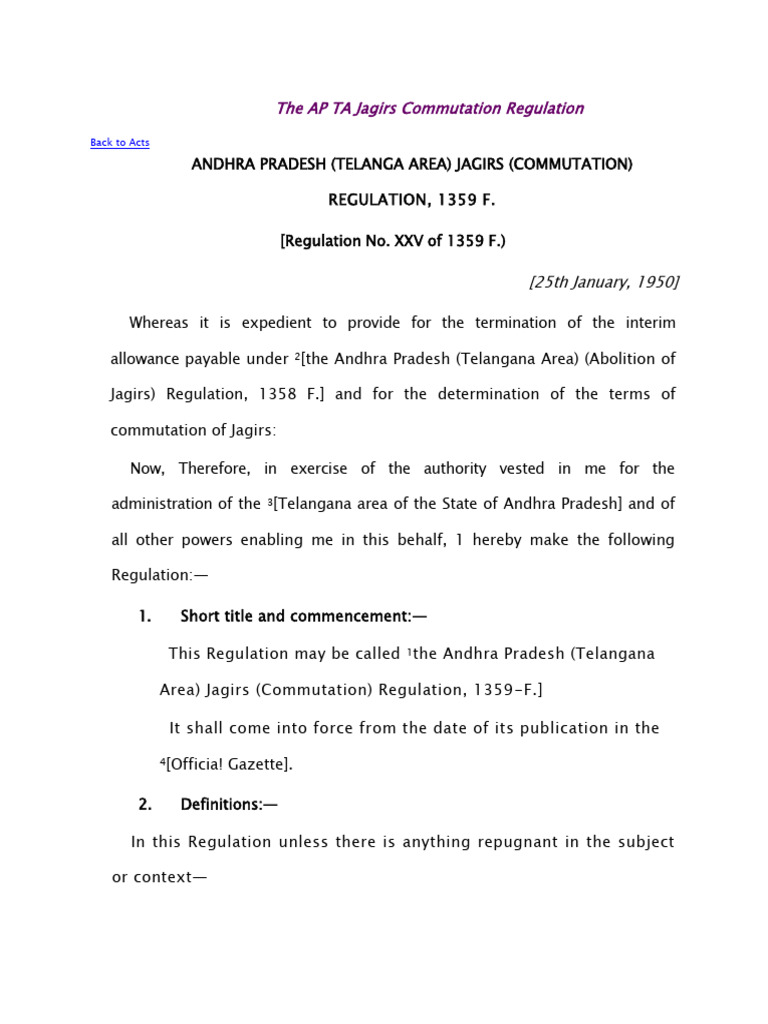 The AP TA Jagirs Commutation Regulation: Back To Acts | PDF