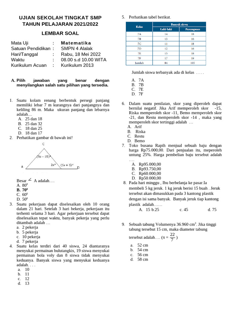 Soal Ujian Sekolah Matematika Kelas 9 | PDF