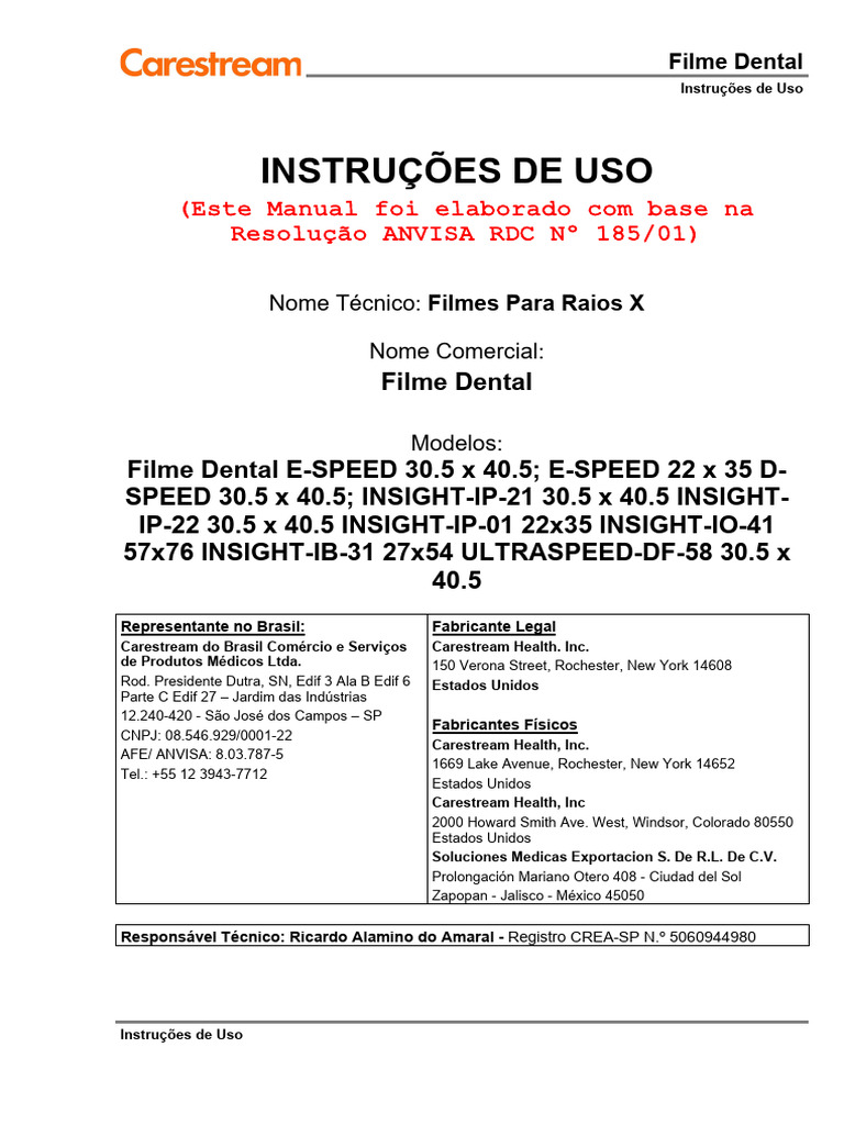 Manual Instrucoes Filme Radiografico Carestream | PDF