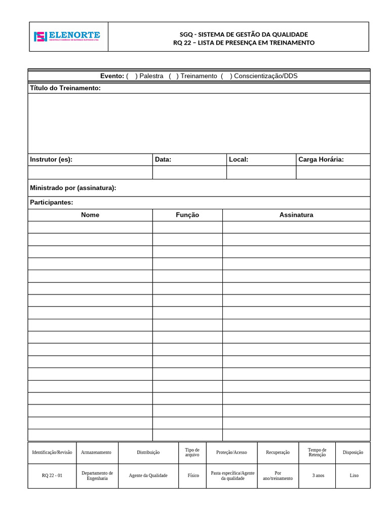 RQ 22 - Lista de Presença em Treinamento Rev 01 | PDF