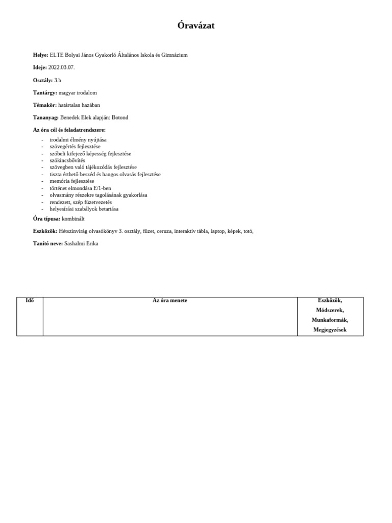 Botond Olv. Óravázlat3.o | PDF