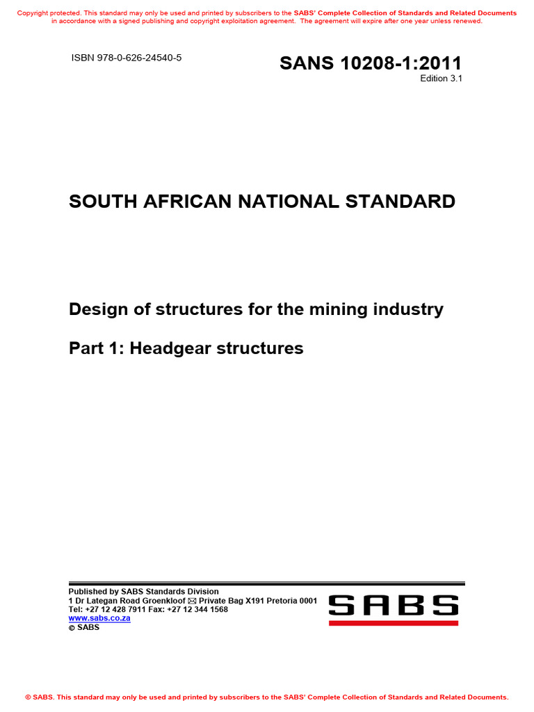 SANS10208-1 - Design of Structures For The Mining Industry Part 1 ...