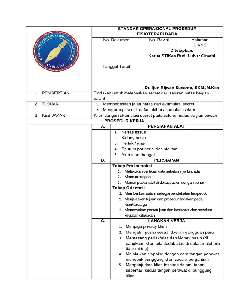 Standar Operasional Prosedur Fisioterapi Dada | PDF
