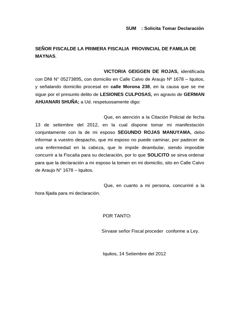 Solicita Tomar Declaración | PDF | Derecho